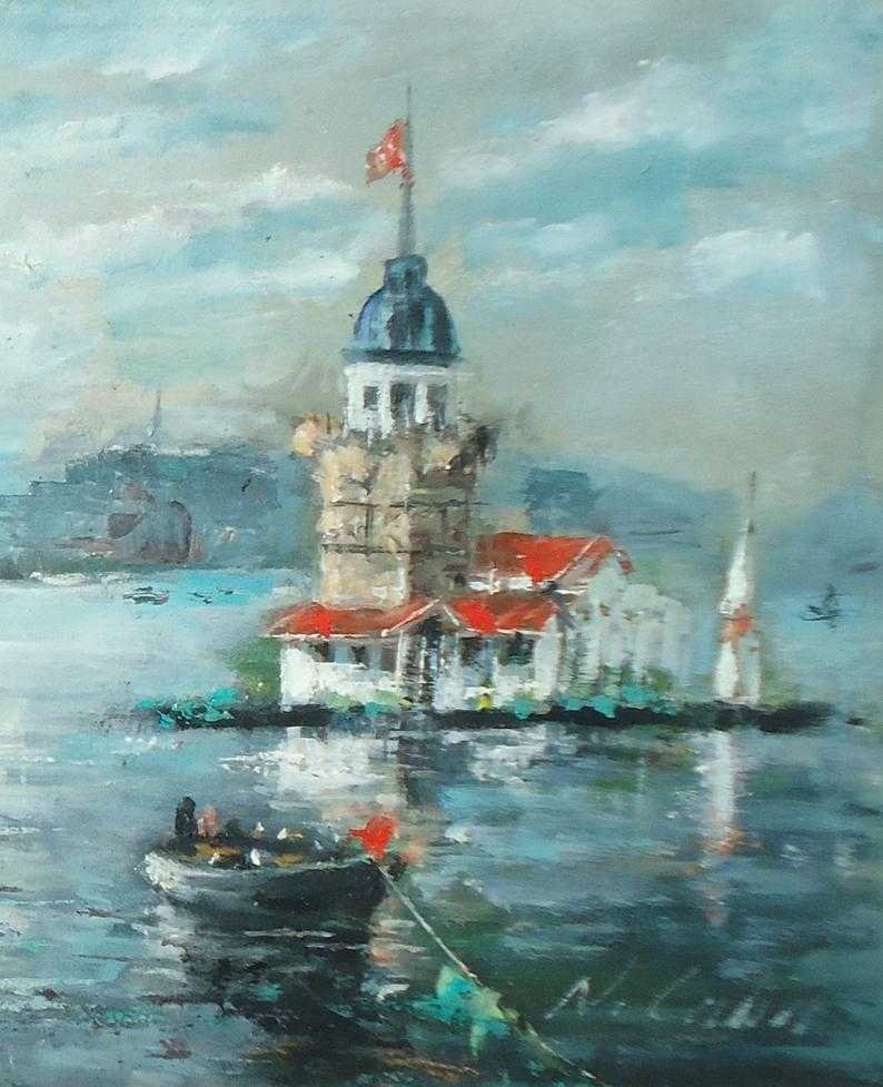 Istanbul Maiden's Tower Oil Painting by Naci Caba - GaleriFoton